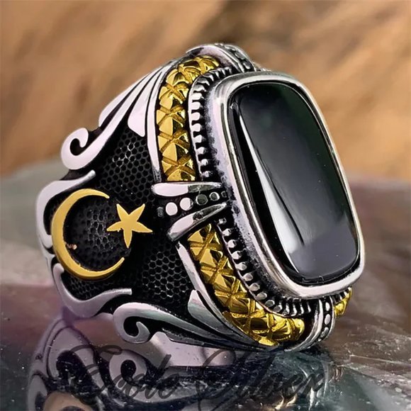 Accessories | Mens Black Onyx Two Tone Moon Star Open Turkish Ottoman ...
